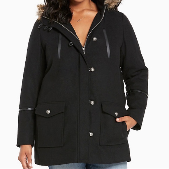 torrid | Jackets & Coats | Torrid Black And Faux Fur Hood Wool Coat Nwt ...